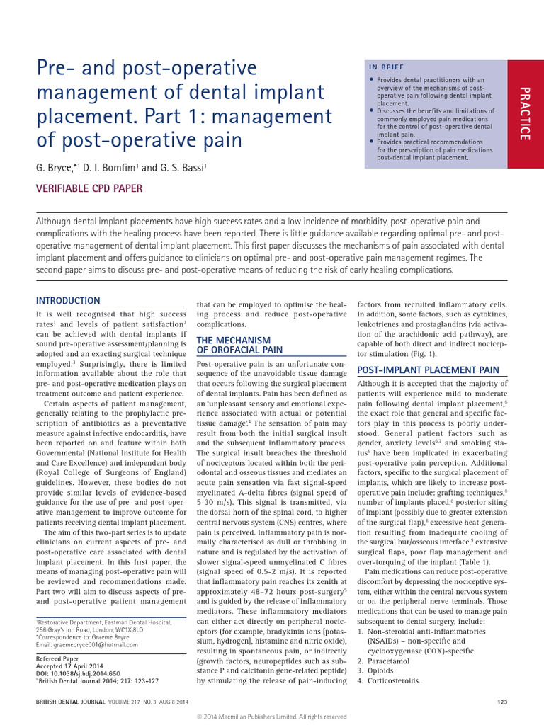 Post-Operative Pain Management for Implants | PDF | Analgesic ...