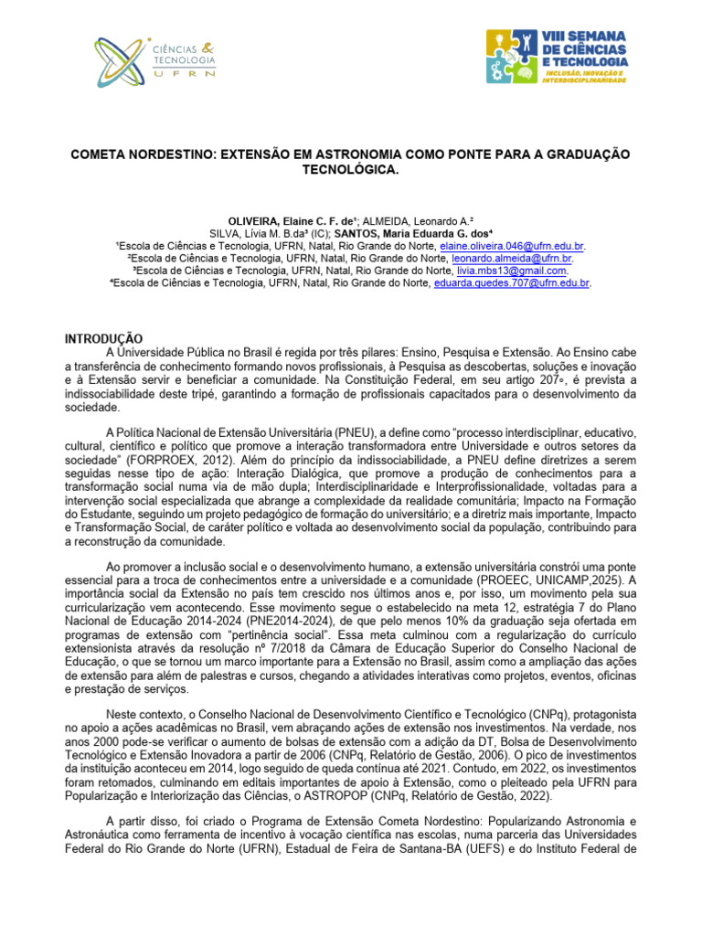 Cometa Nordestino Extensão Em Astronomia Como Ponte Para a Graduação ...