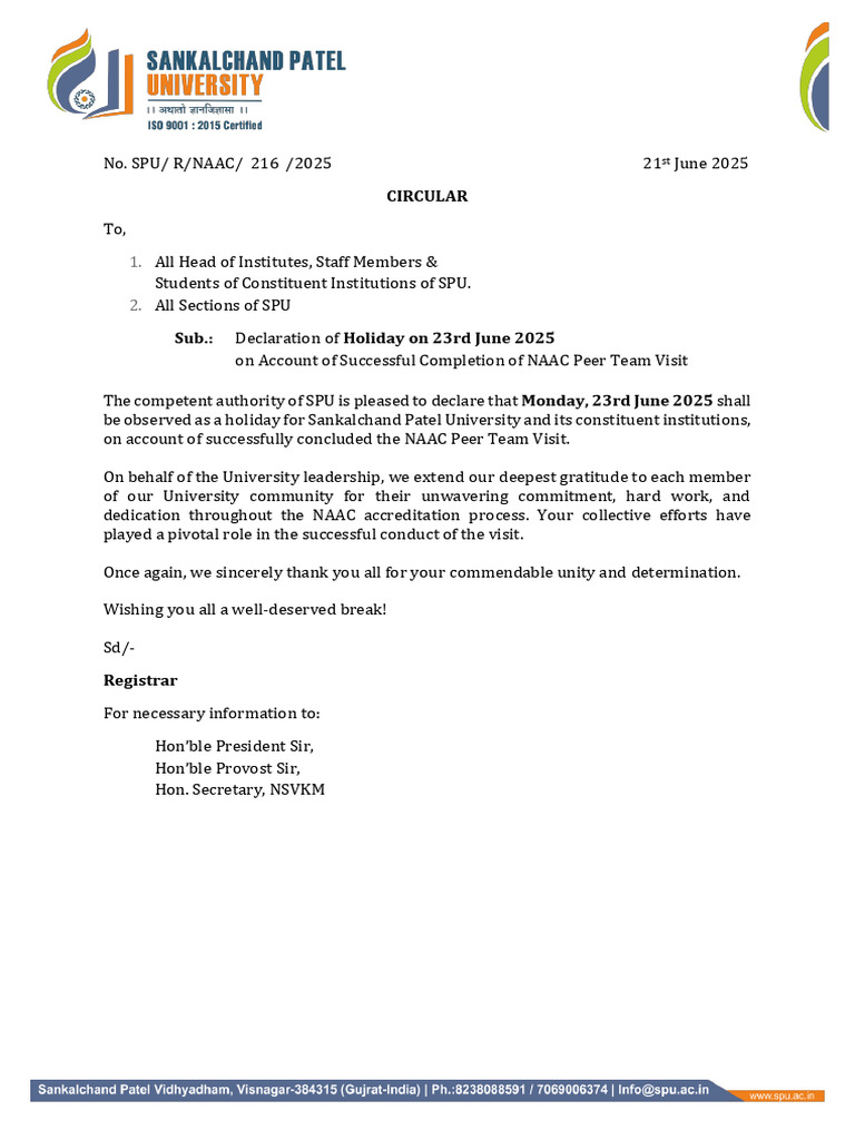 Circular Pertaining to Observed Holiday on 23.06.2025(a) | PDF