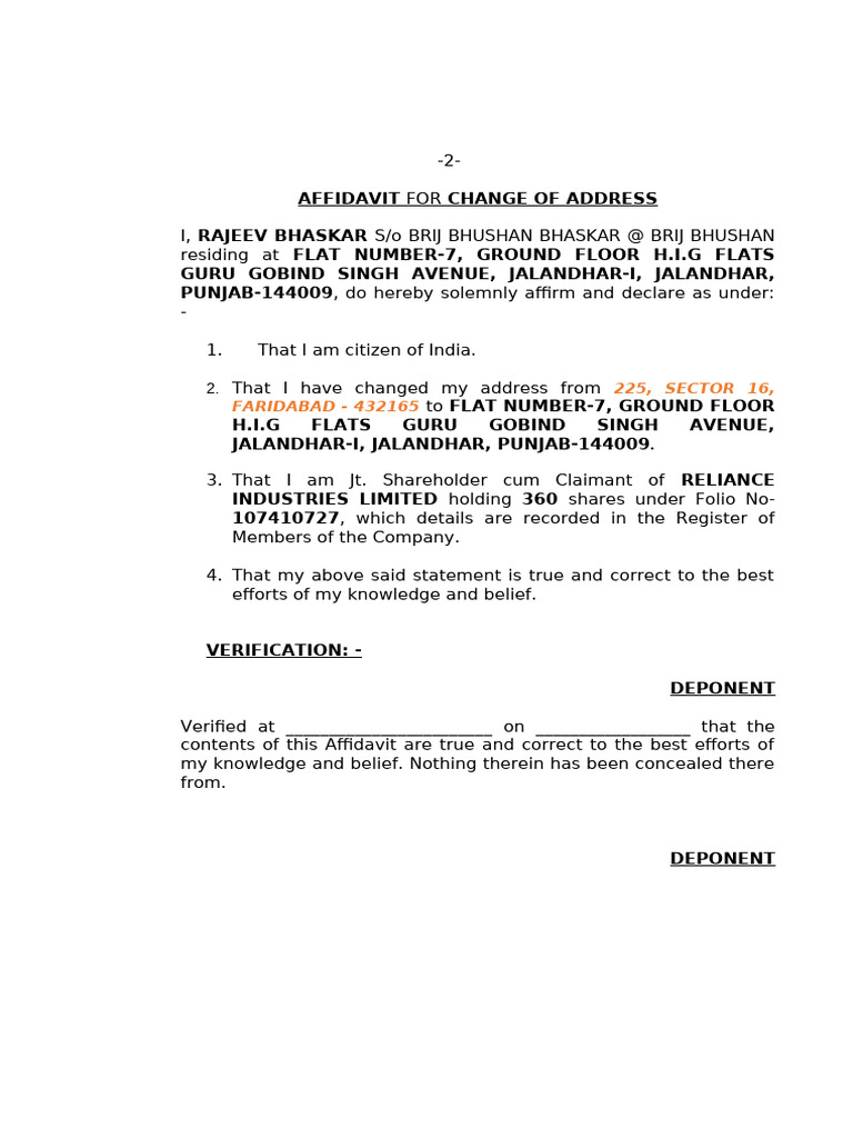 Affidavit for Address Change in India | PDF