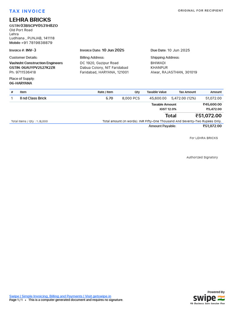 Lehra Bricks Invoice for Vashisht Construction | PDF