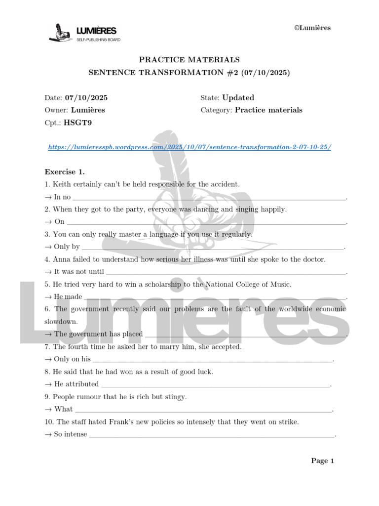 Sentence Transformation Practice Exercises | PDF | Chess | Chess Theory