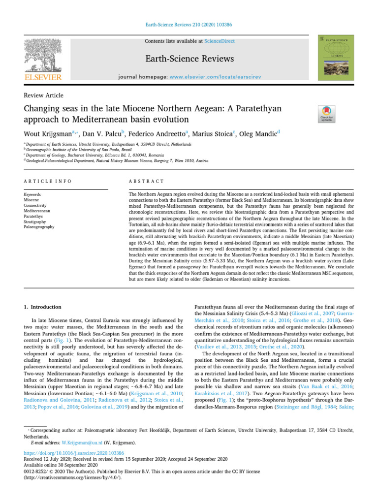Changing Seas in the Late Miocene Northern Aegean a Parate 2020 Earth ...