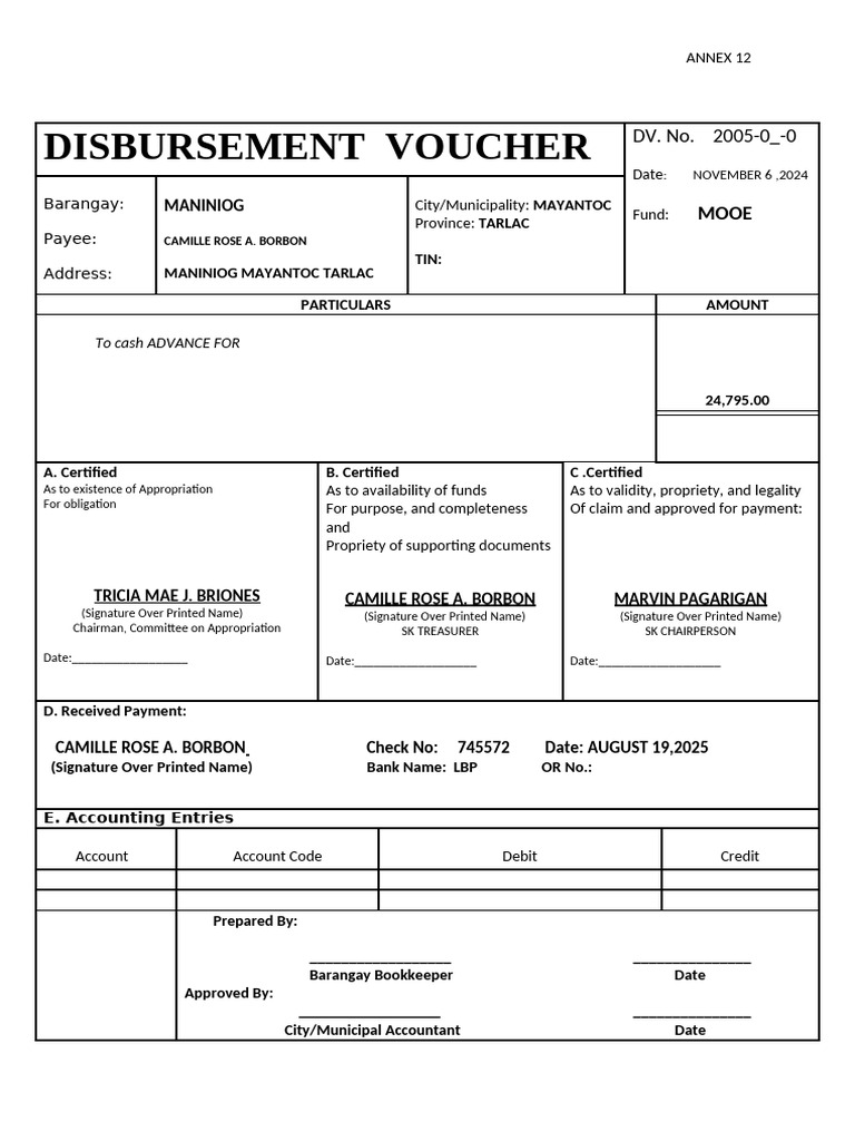 Dv for Honorarium | PDF | Payments | Business