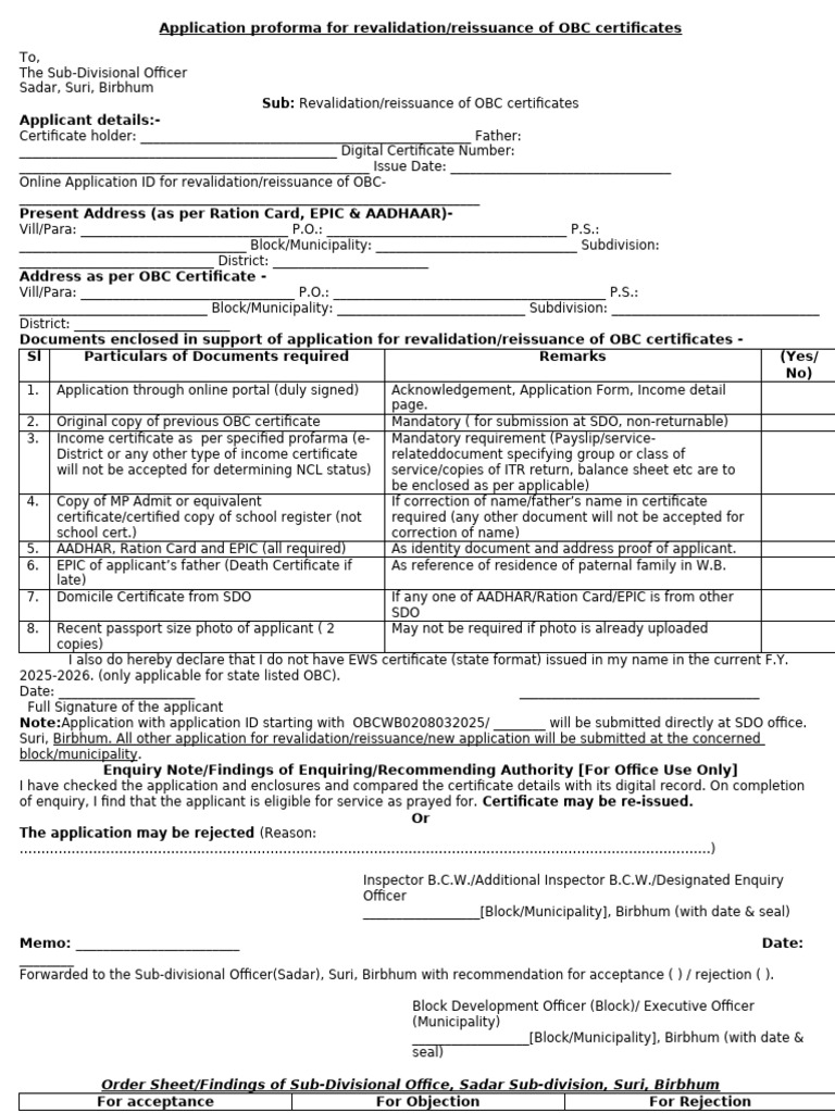 OBC Certificate Revalidation Application Form | PDF | Access Control ...