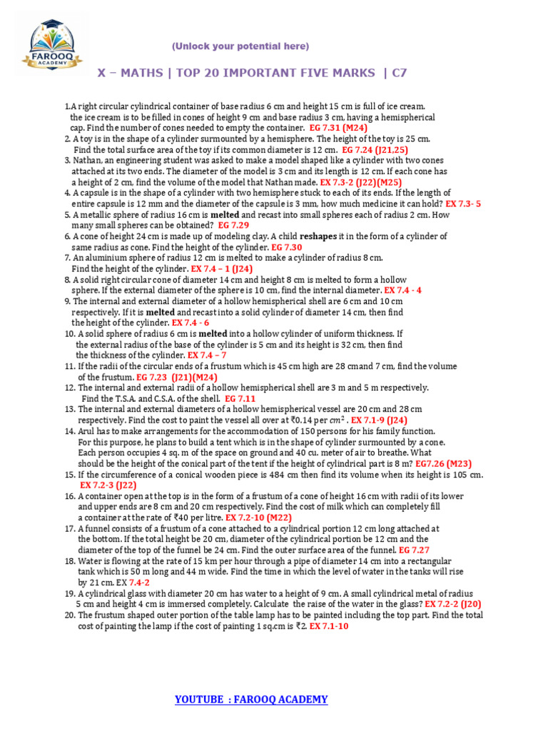 X MATHS TOP 20 5M C7 FINAL | PDF | Sphere | Geometric Objects