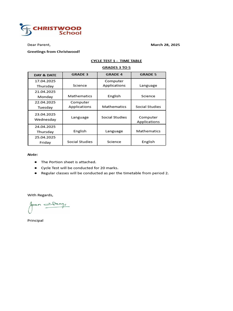 Cycle Test Timetable for Grades 3-5 | PDF
