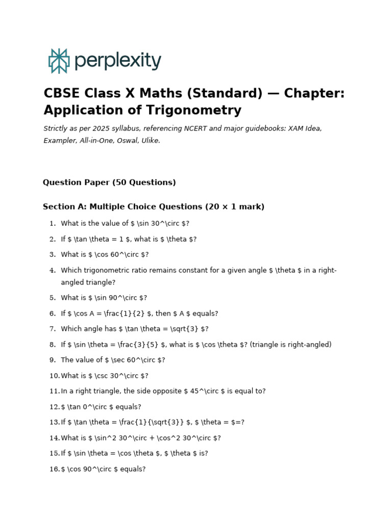 CBSE Class X Maths Trigonometry Exam Guide | PDF | Trigonometry ...