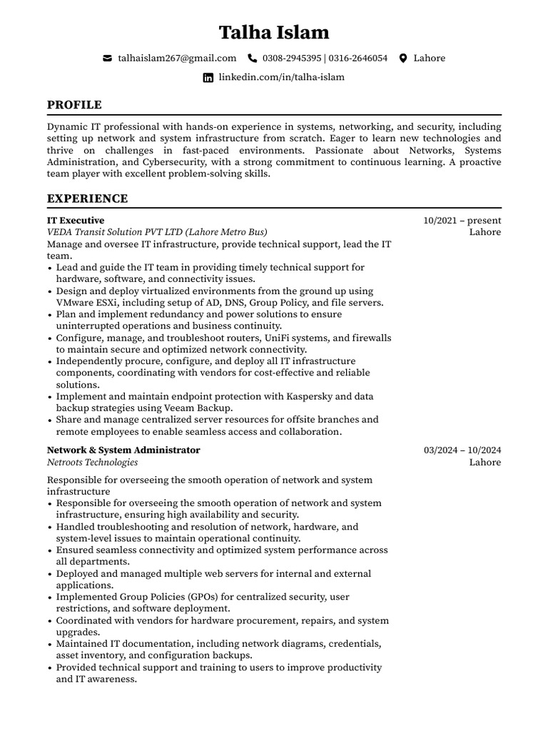 Talha Islam NS CV | PDF | Computer Network | Firewall (Computing)