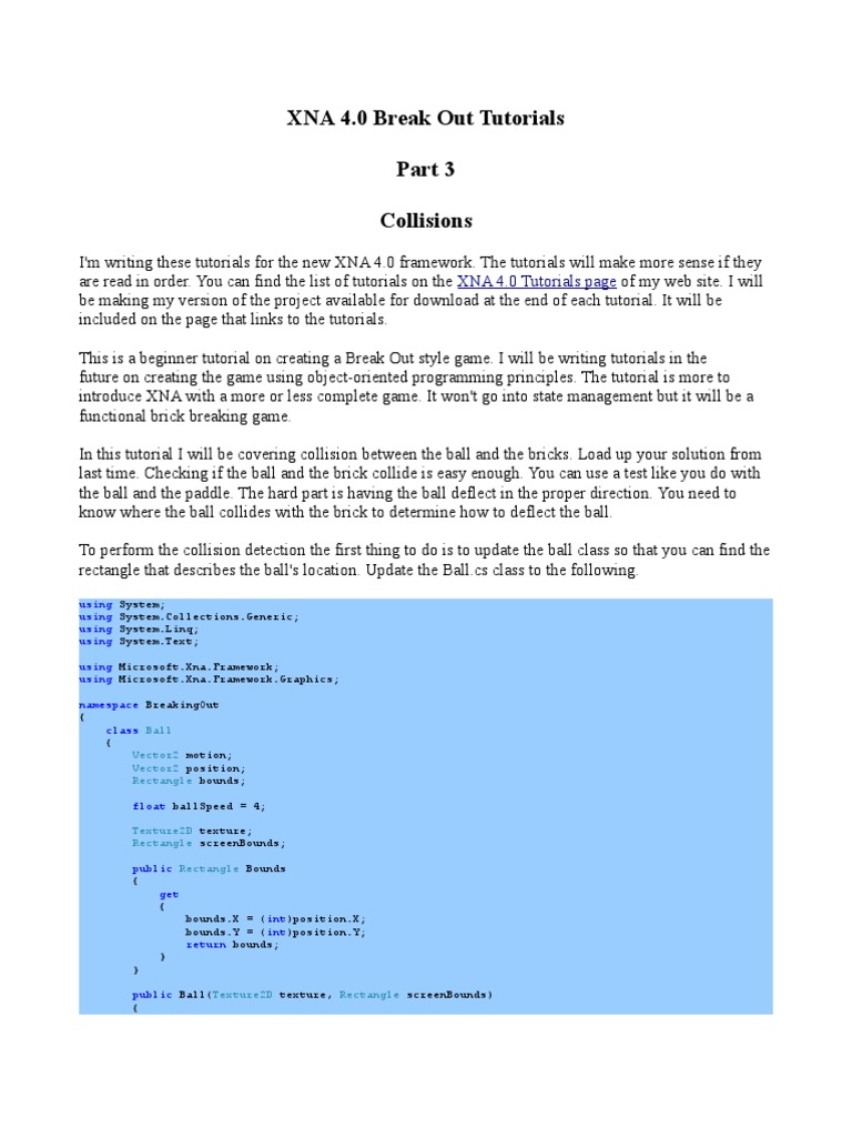 XNA 4.0 Break Out Tutorials Collisions | PDF | Computer Programming | Areas Of Computer Science