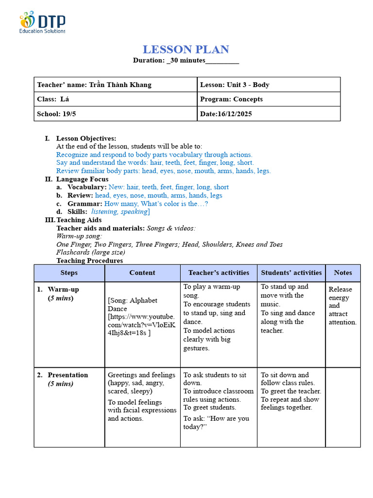 Body Parts Lesson Plan for Kids | PDF | Vocabulary | Linguistics