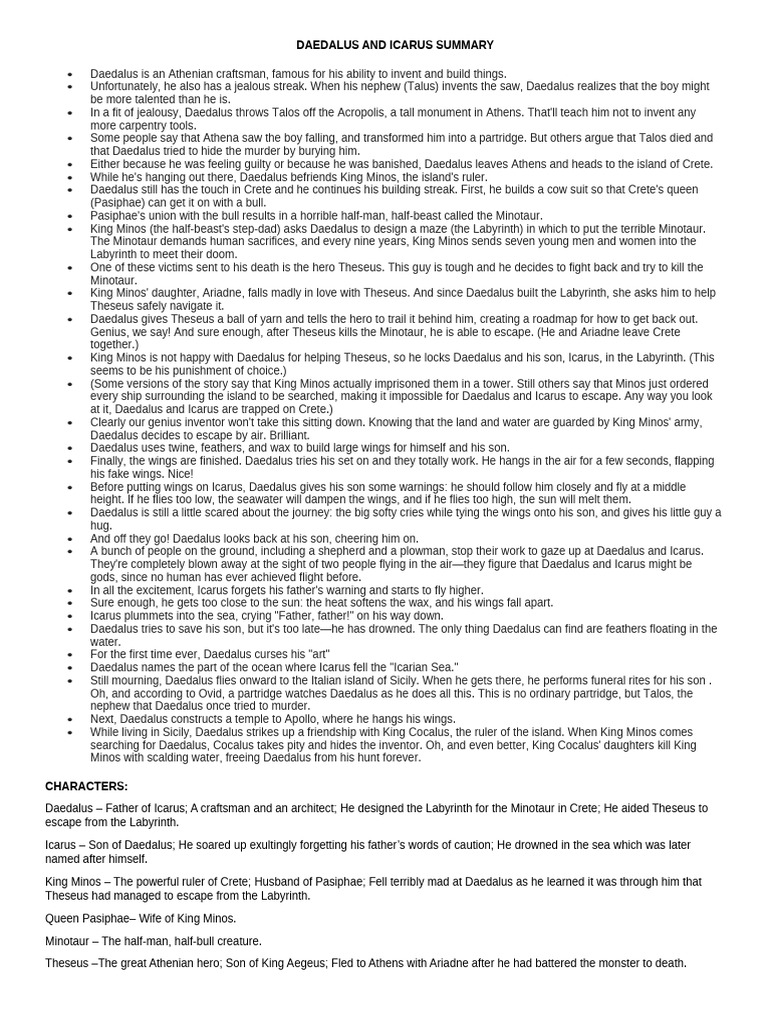 Daedalus and Icarus: Myth Summary | PDF | Minotaur | Theseus