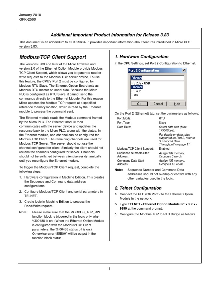 Modbus/TCP Client Support: Additional Important Product Information For ...