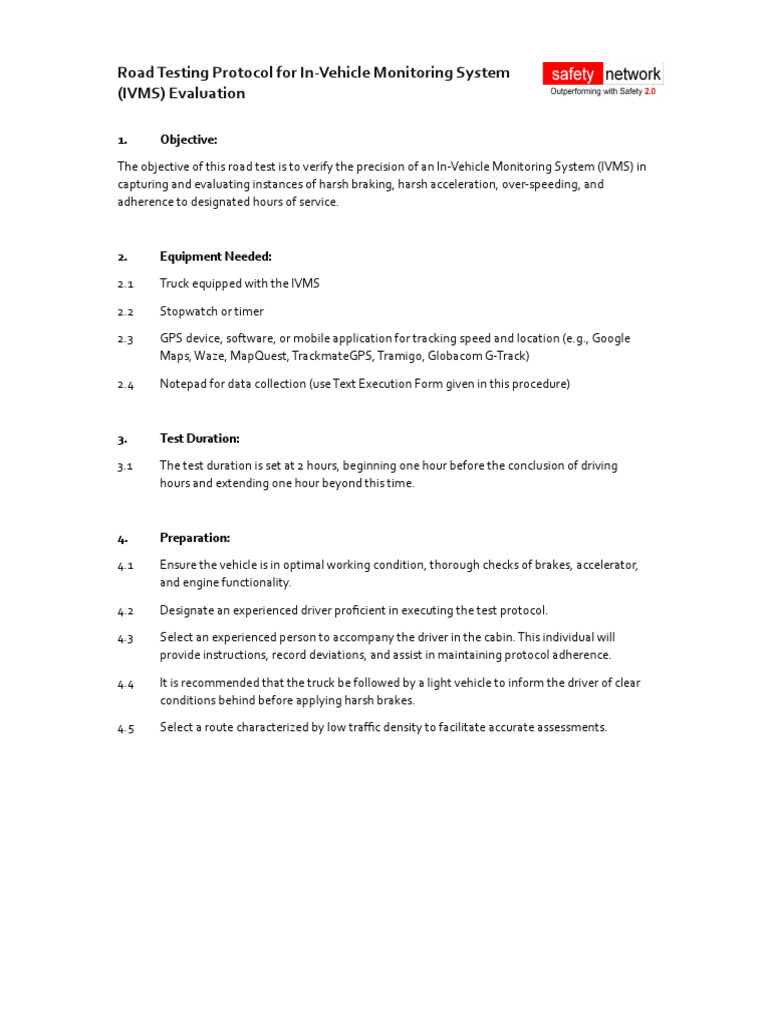 IVMS Road Testing Protocol Guide | PDF | Truck | Vehicles