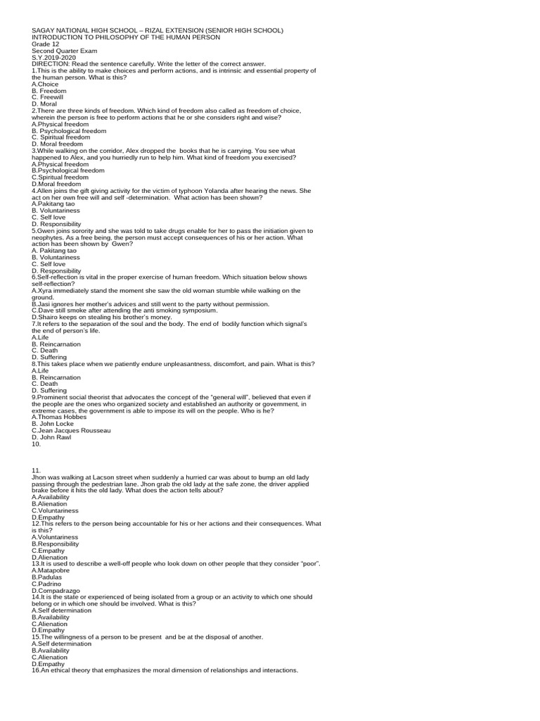 Grade 12 Philosophy Exam Questions | PDF | Empathy | Psychology