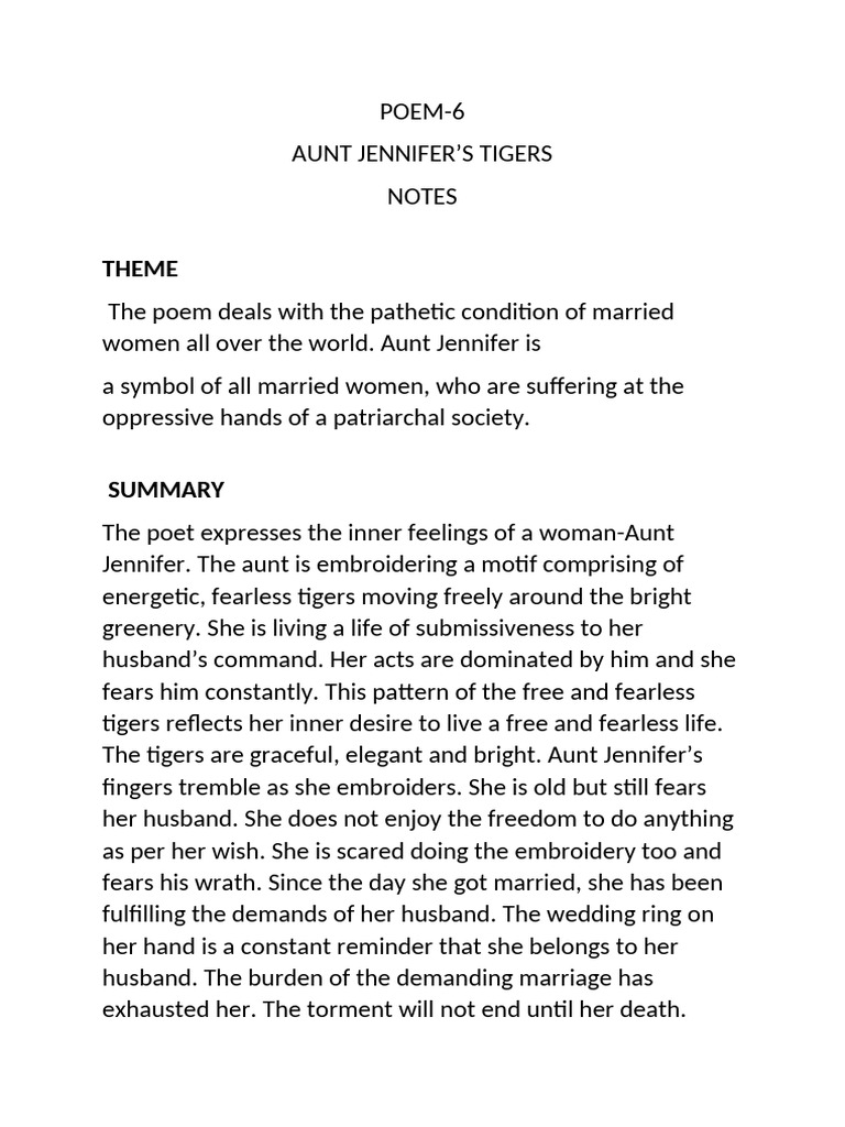 Aunt Jennifer's Tigers: A Poetic Analysis | PDF