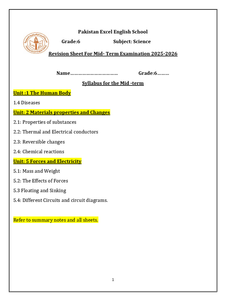 Grade 6 Science Mid-Term Revision Sheet | PDF | Liquids | Weight