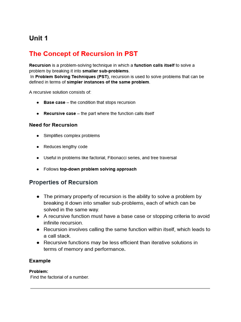 Unit 1- The Concept of Recursion | PDF