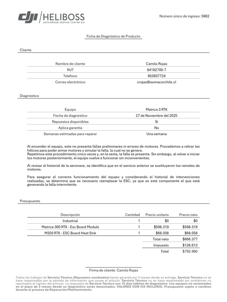 Diagnóstico Matrice 300 Rtk Somacor Alpha 4 5902 | PDF | Presupuesto