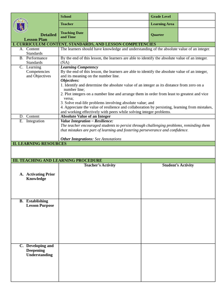 Absolute Value of Integers Lesson Plan | PDF | Learning | Teachers