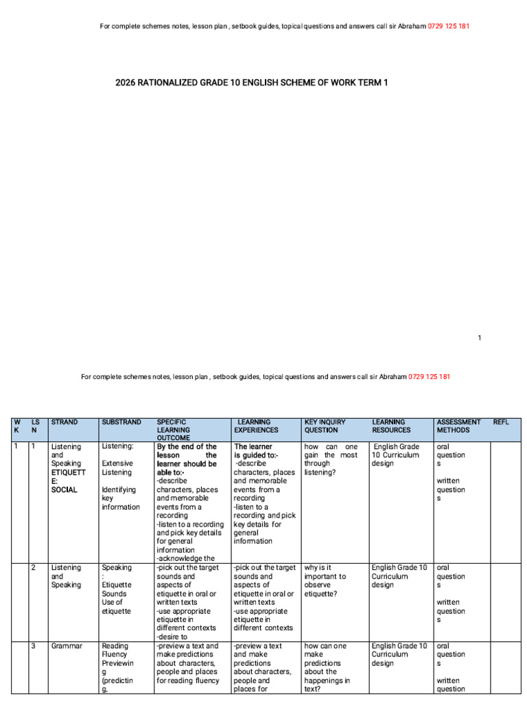 Grade 10 English Scheme of Work | PDF | Pronoun | Learning