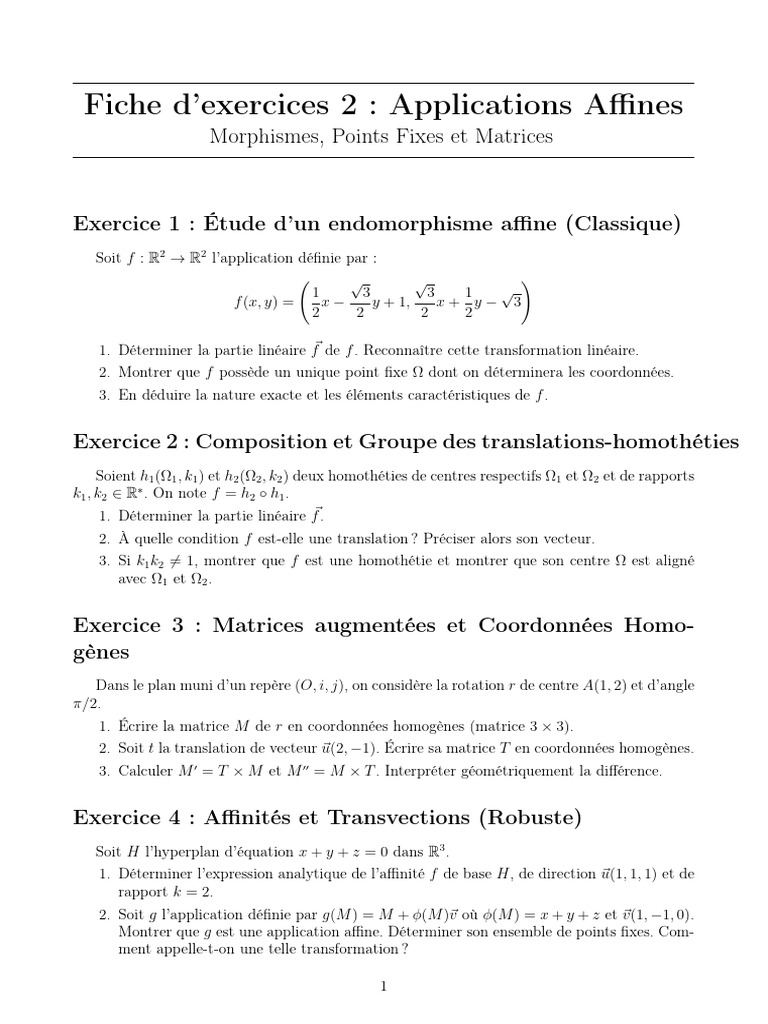 Exercices sur les Applications Affines | PDF | Matrice (Mathématiques ...
