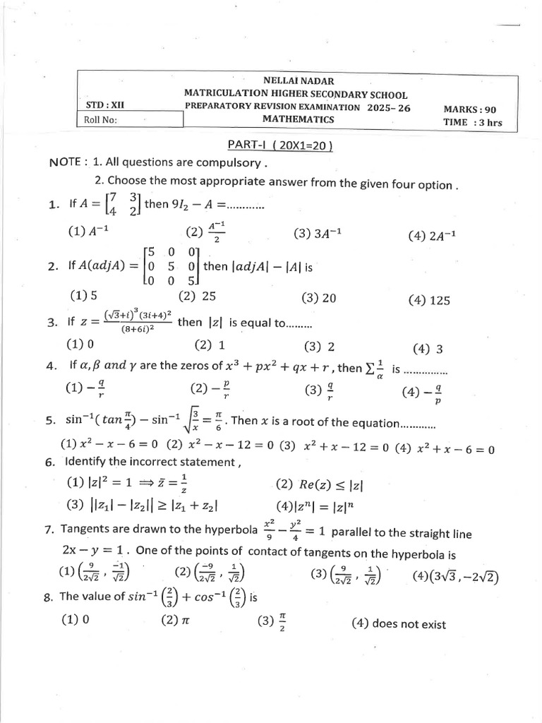 Std XII - Mathematics (29.12.2025) | PDF