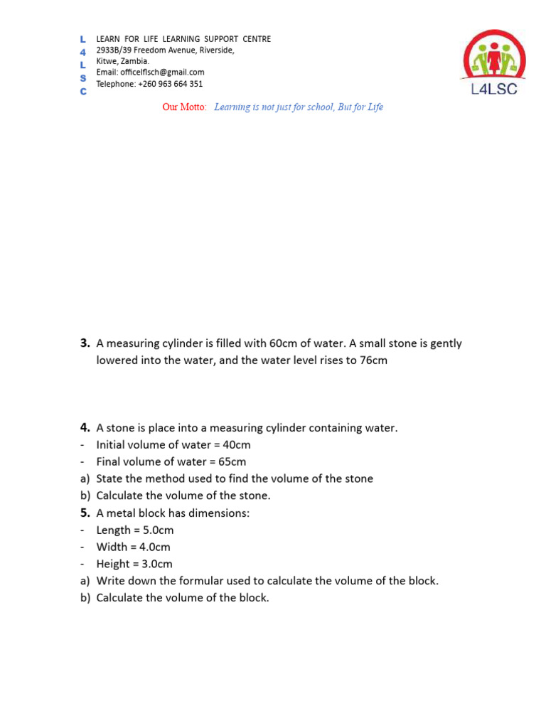 Form 1 Worksheet Volume and Liquids | PDF