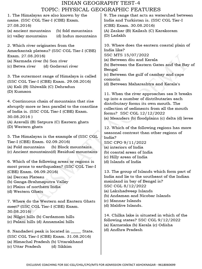 Indian Geography Test: Physical Features | PDF | Himalayas | Earth Sciences