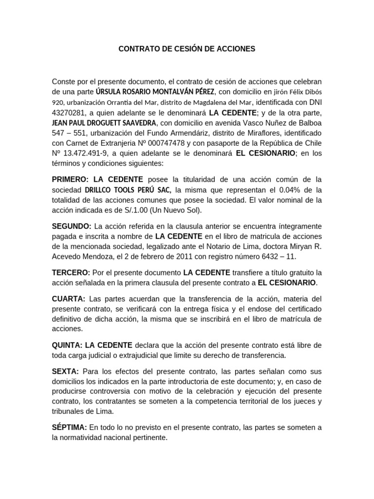 Contrato de Cesión de Acciones Ursula a Jena Paul | PDF | Justicia | Crimen y violencia
