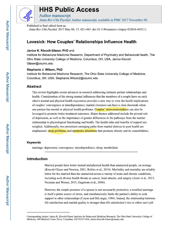 Lovesick How couple's relationship influence health | PDF