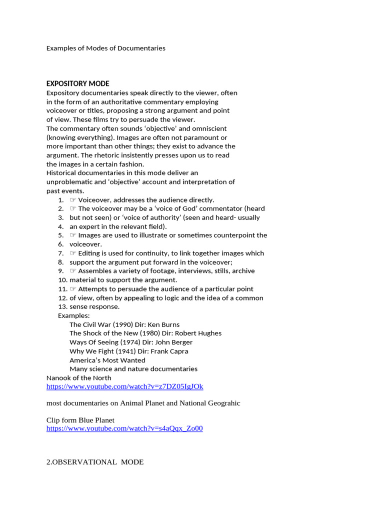 Examples of Modes of Documentaries | PDF | Documentary Film