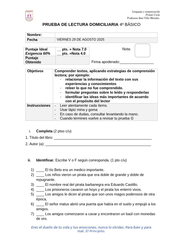 Prueba de Lectura 4º Básico: Lenguaje | PDF