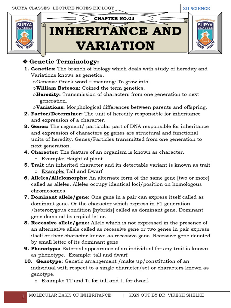 Molecular Basis of Inheritance Notes | PDF | Dominance (Genetics ...