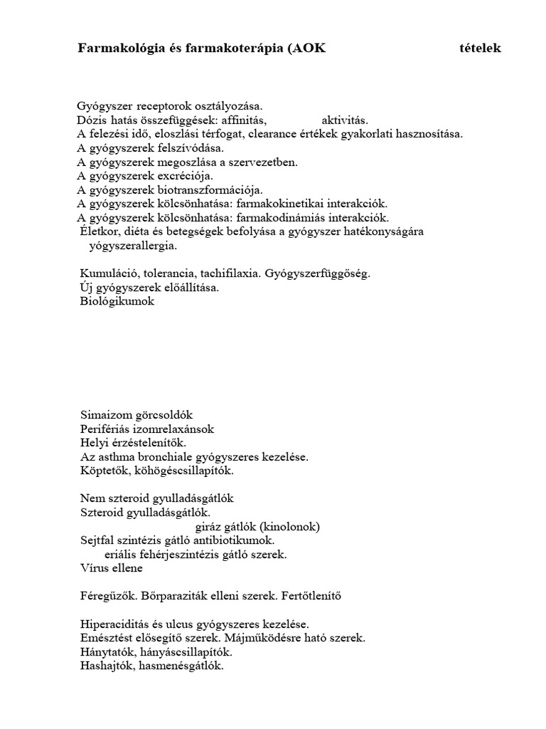 Farmakológia És Farmakoterápia Szigorlati Tetelek | PDF