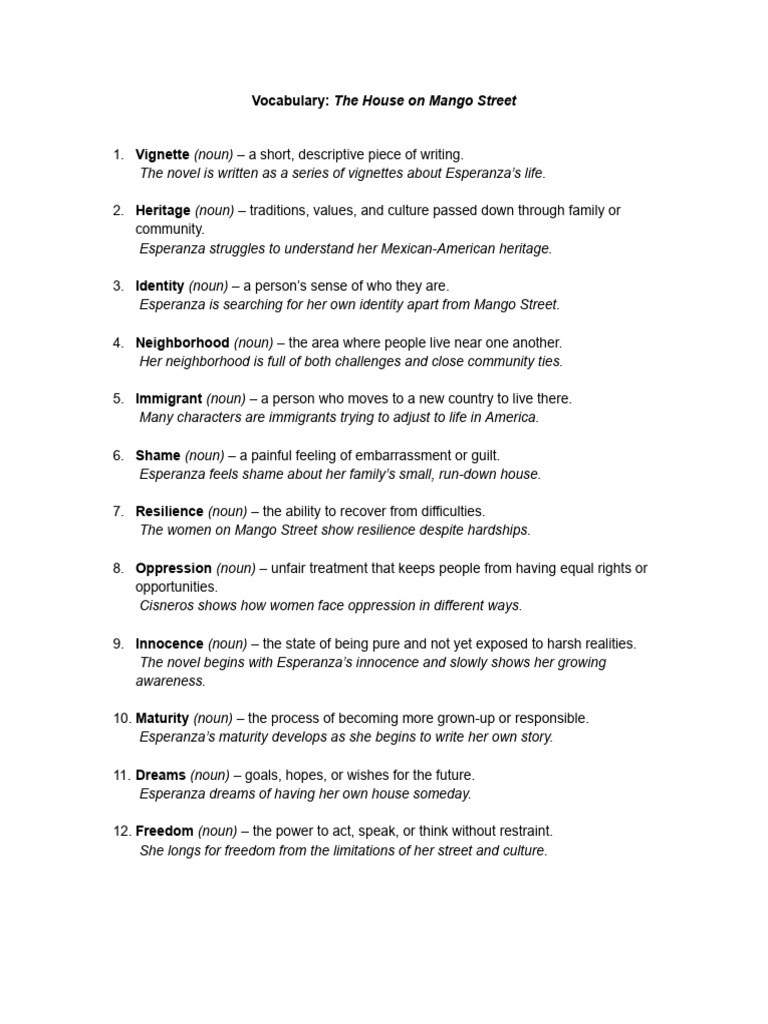 Vocabulary_ the House on Mango Street | PDF