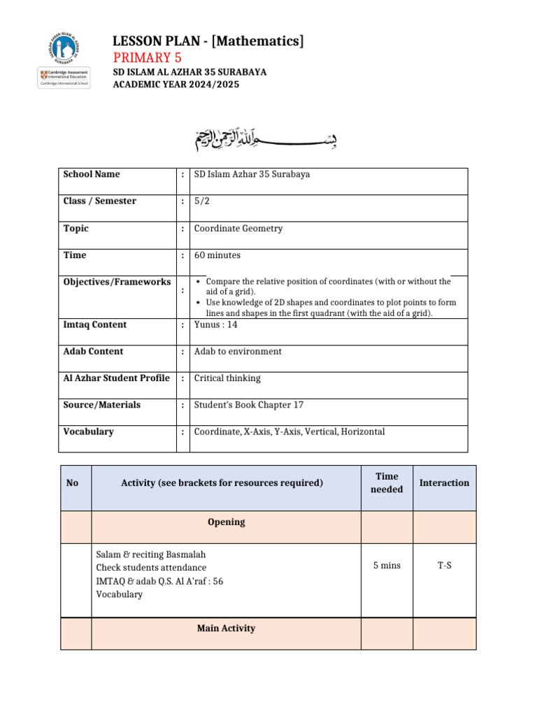 Mathematics Primary 5 Lesson Plan (Coordinates) | PDF | Cartesian ...
