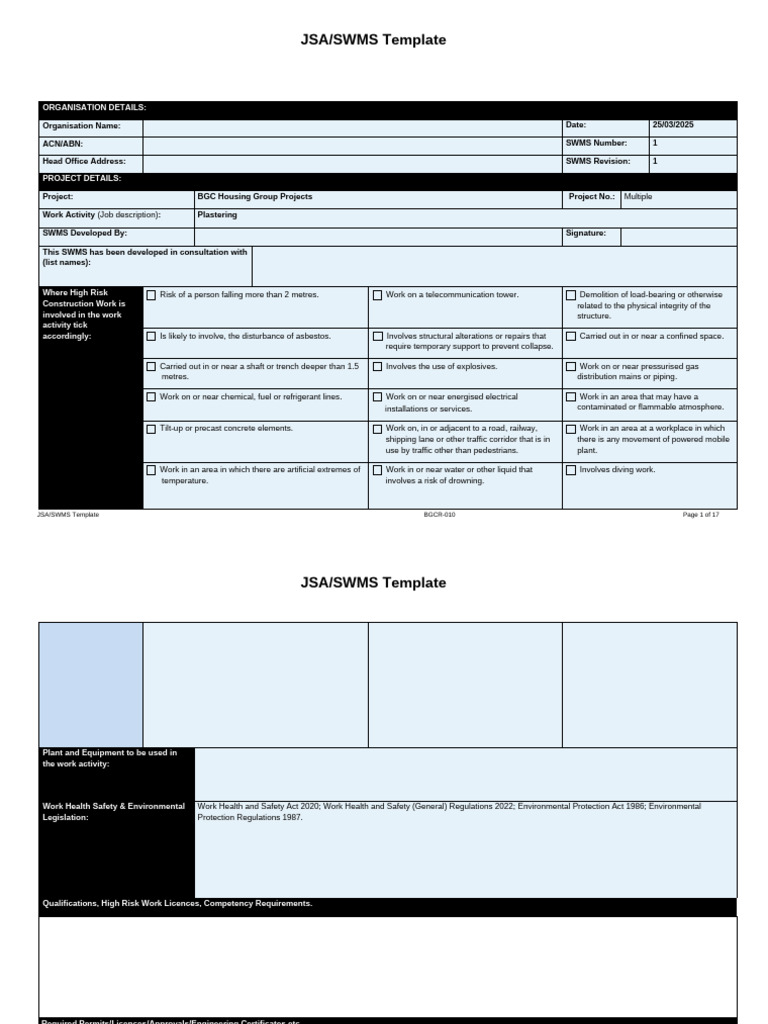SWMS Template Plastering | PDF | Personal Protective Equipment | Safety