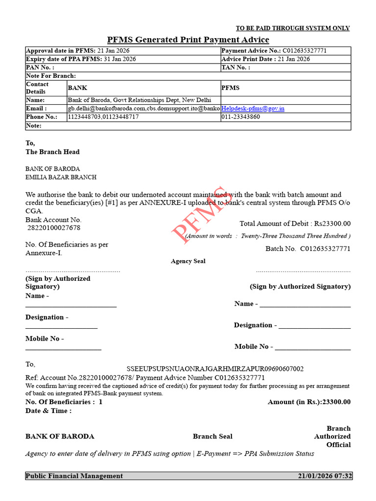 PFMS Payment Advice C012635327771 | PDF | Banking Technology | Money