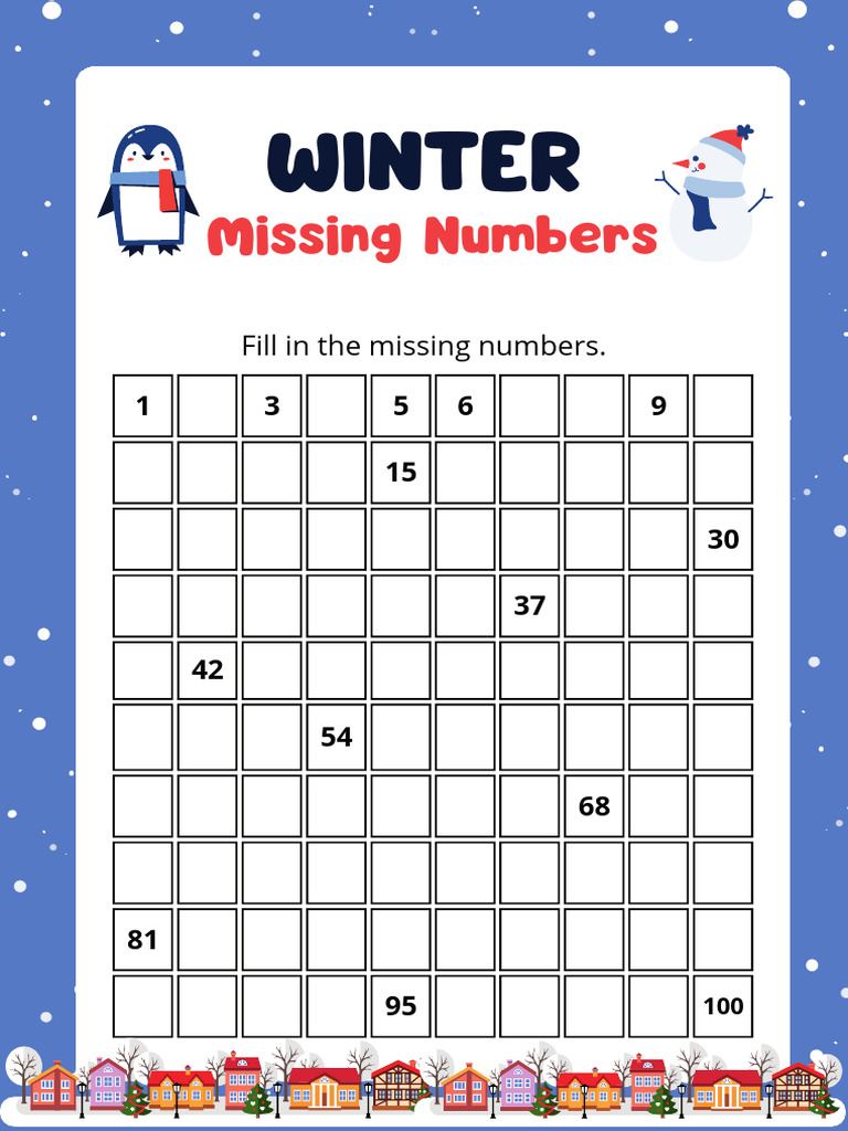 Winter Theme Missing Numbers 1-100 Worksheet | PDF