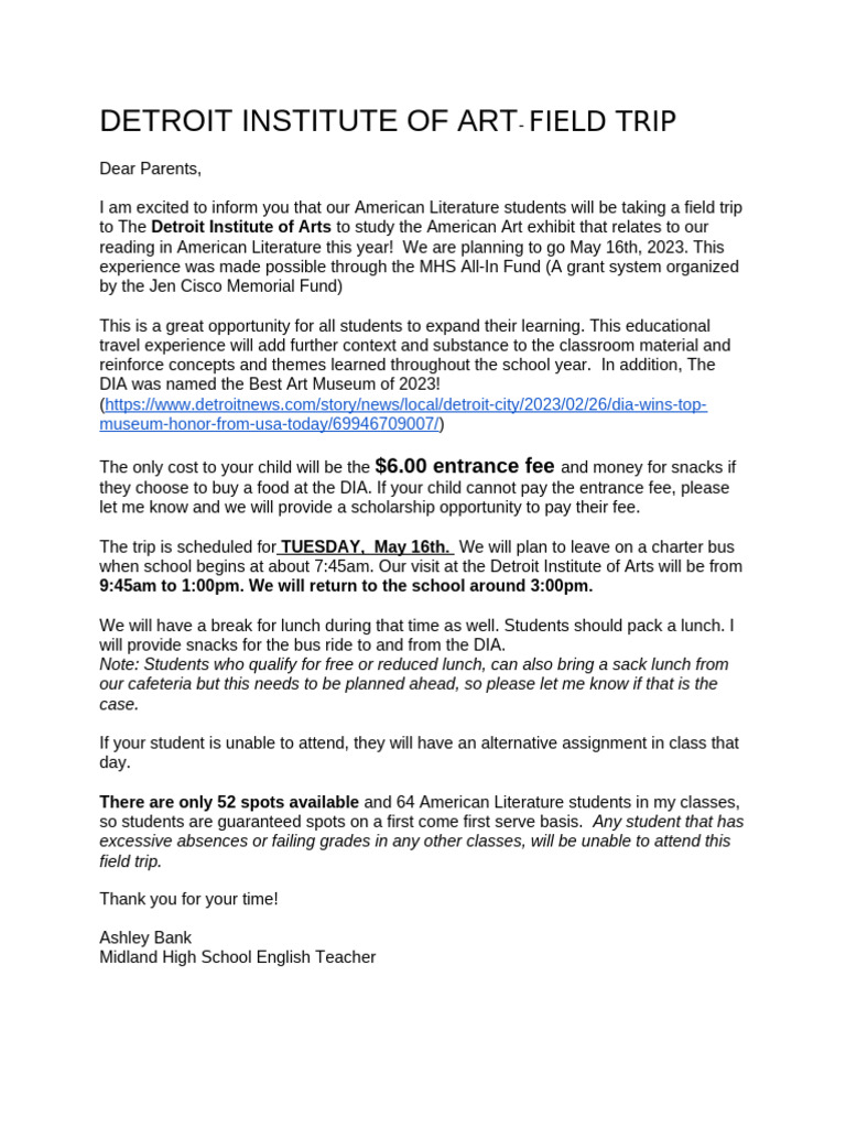 Detroit Art Field Trip for Students | PDF