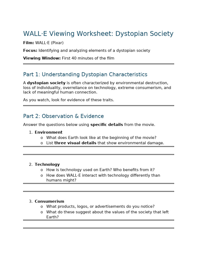 Wall e Dystopian Society Viewing Worksheet (First 40 Minutes) | PDF