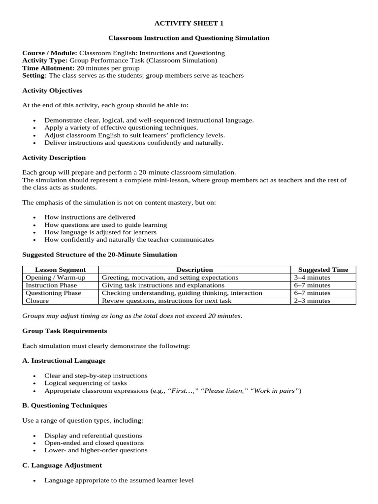 ACTIVITY SHEET 1 Classroom Instruction and Questioning Simulation | PDF ...