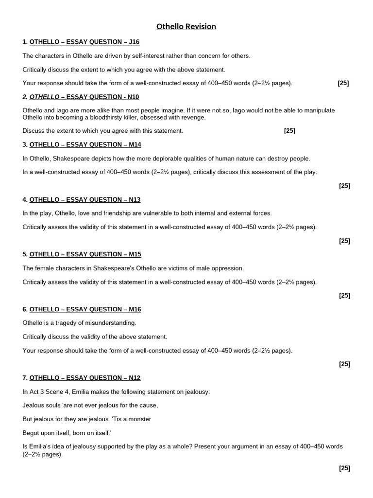 Othello Essay Questions and Analysis | PDF | Othello | Iago