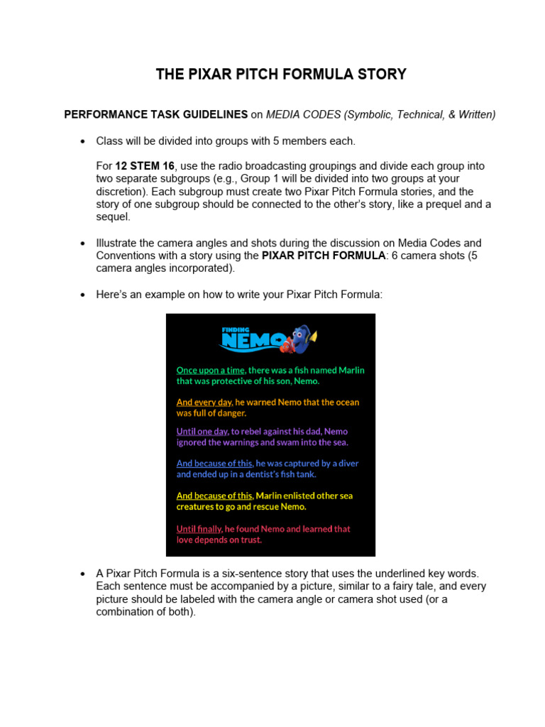 Pixar Pitch Formula Project Guide | PDF