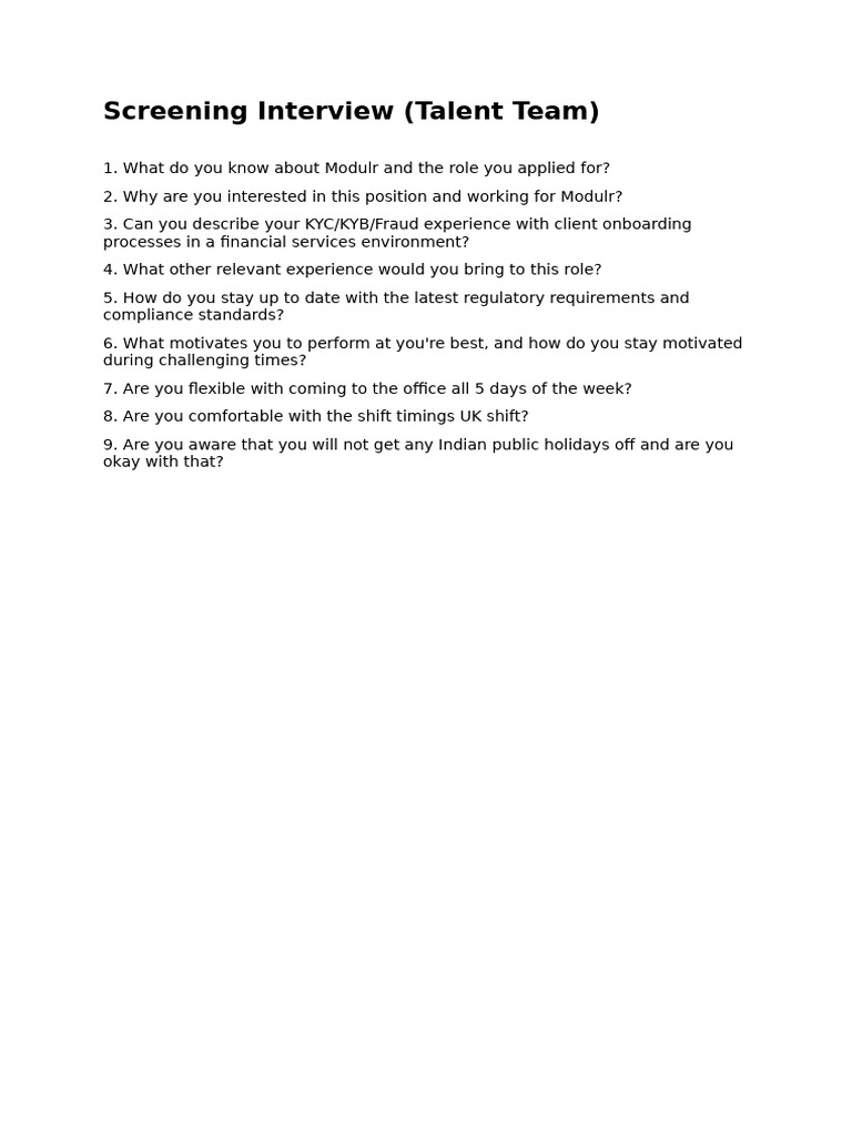 Screening Interview Questions Cdd | PDF