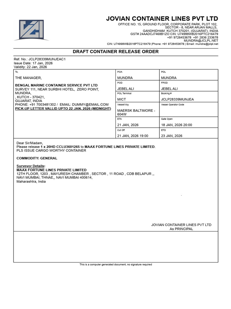 Container Release Order - JCLP28339MUNJEAC1 | PDF