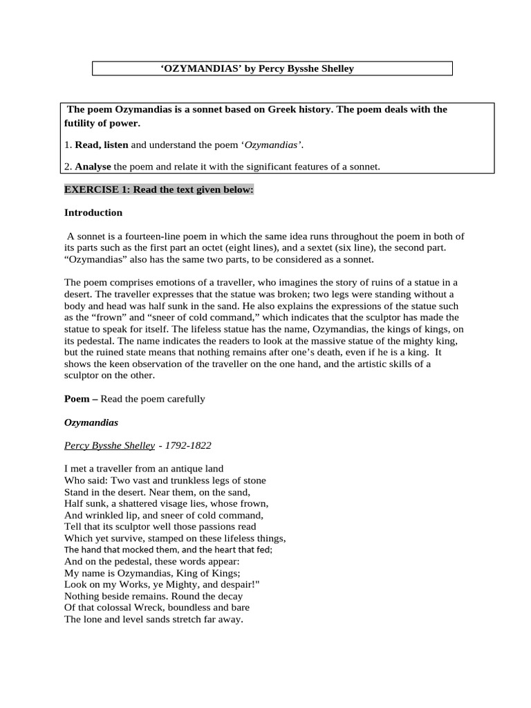 Analysis of Shelley’s Ozymandias Sonnet | PDF | Poems | Poetry
