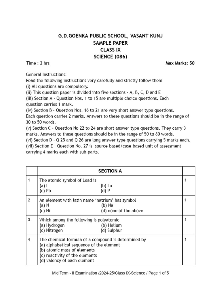 Class IX Science Sample Paper 2024 | PDF | Tissue (Biology) | Chemistry