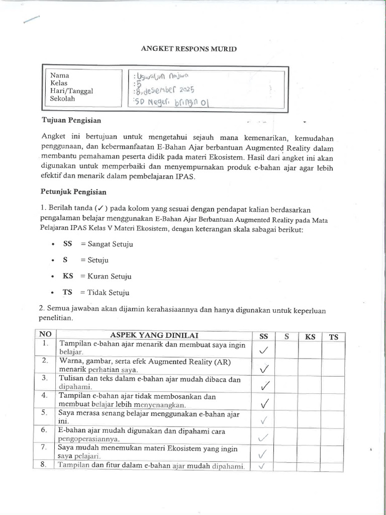 Hasil Respon Murid-Kelas V SDN Bringin 1-Skala Kecil | PDF